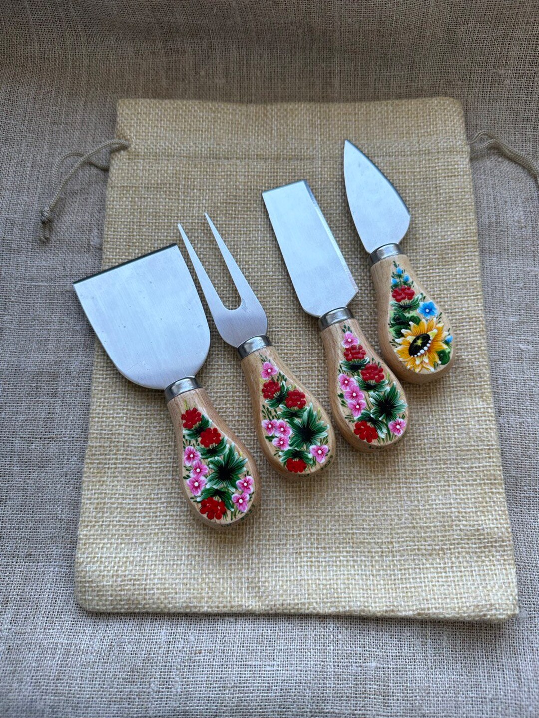 Ukrainian Painted Wooden Set of 4 Cheese Tools, Handpainted Knives ...