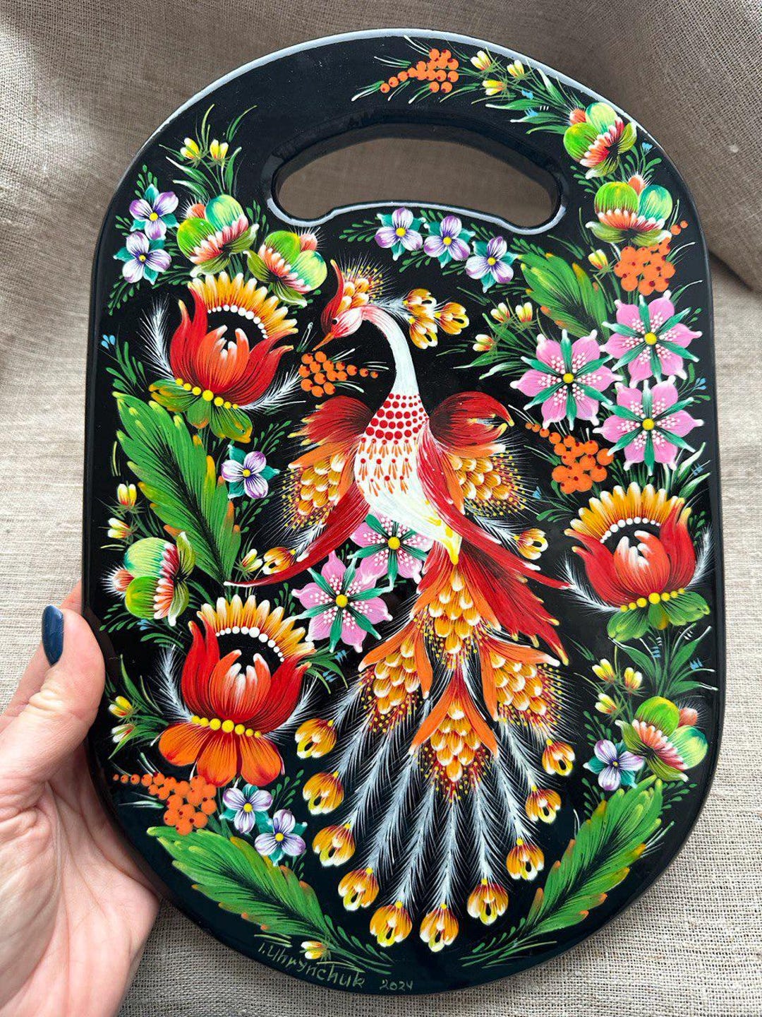 Ukrainian Authentic Cutting Board, Black Painted Breadboard, Magic Bird ...