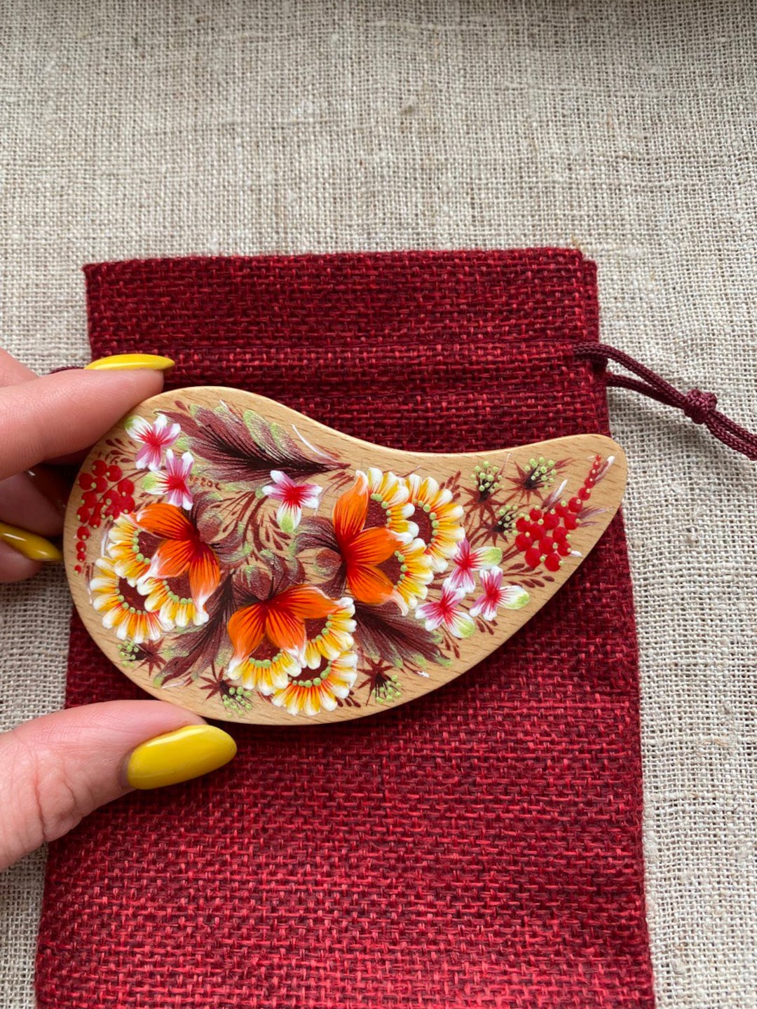 Ukrainian Orange Flowers Painted Wooden Hair Pin, Handmade Mother Gift ...