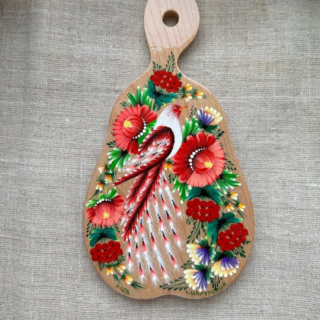 Ukrainian Red Kalyna Painted Cutting Board, Magic Bird & Flowers ...
