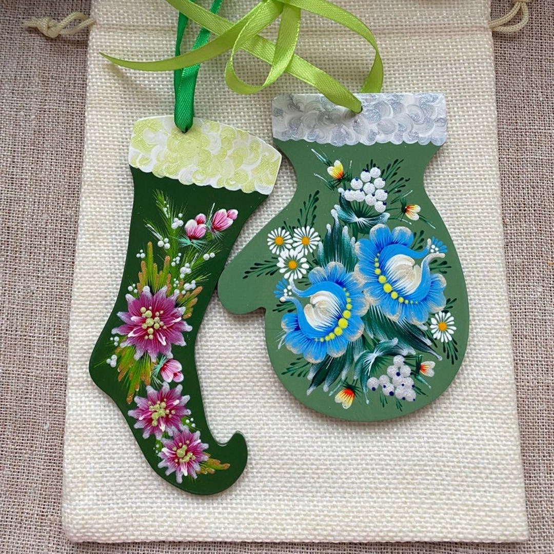 Ukrainian Painted Wooden Mitten & Sock, Christmas Tree Hanging, Set of ...