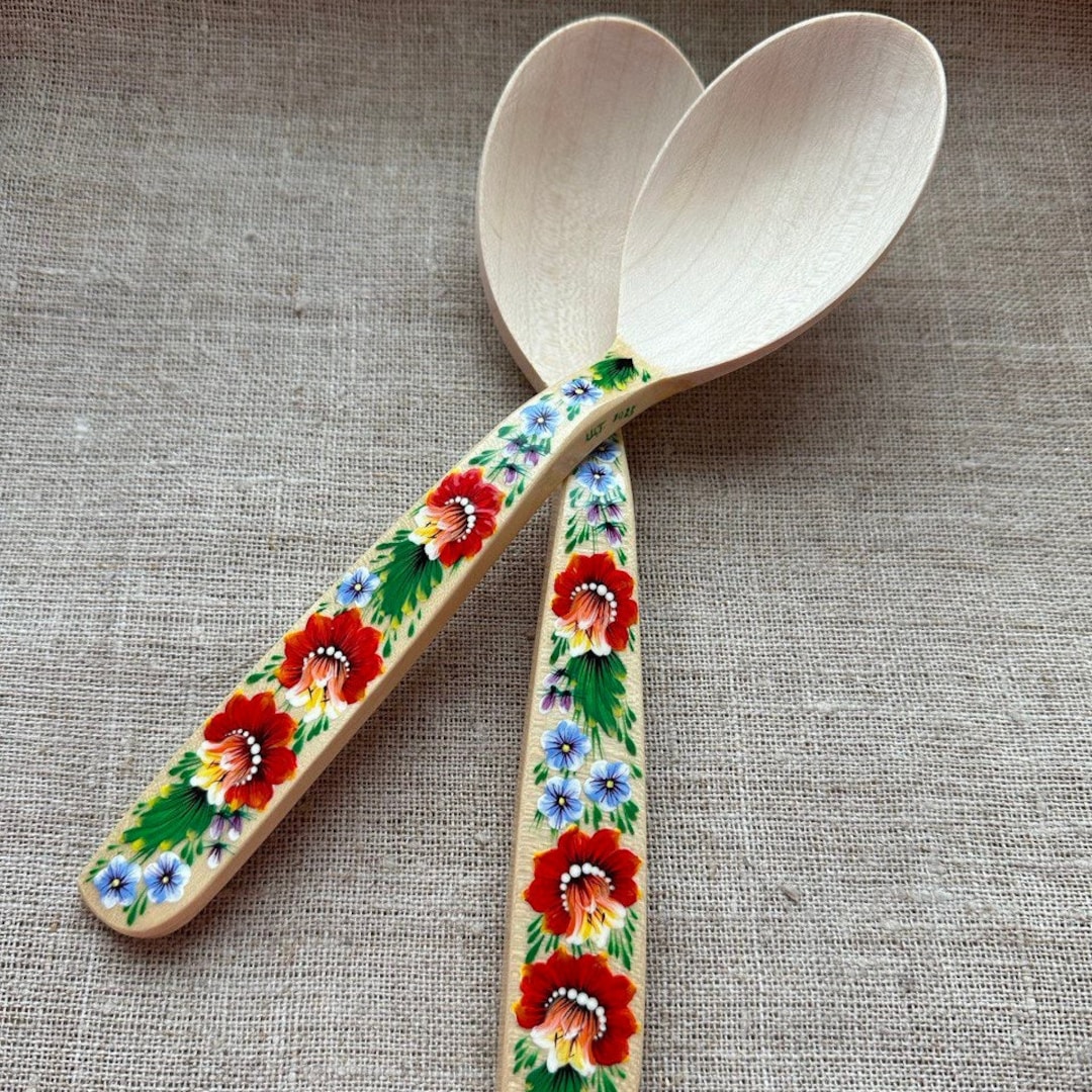 Ukrainian Spons, Set of 2 Wooden Painted Spoons, Red Roses Flowers ...