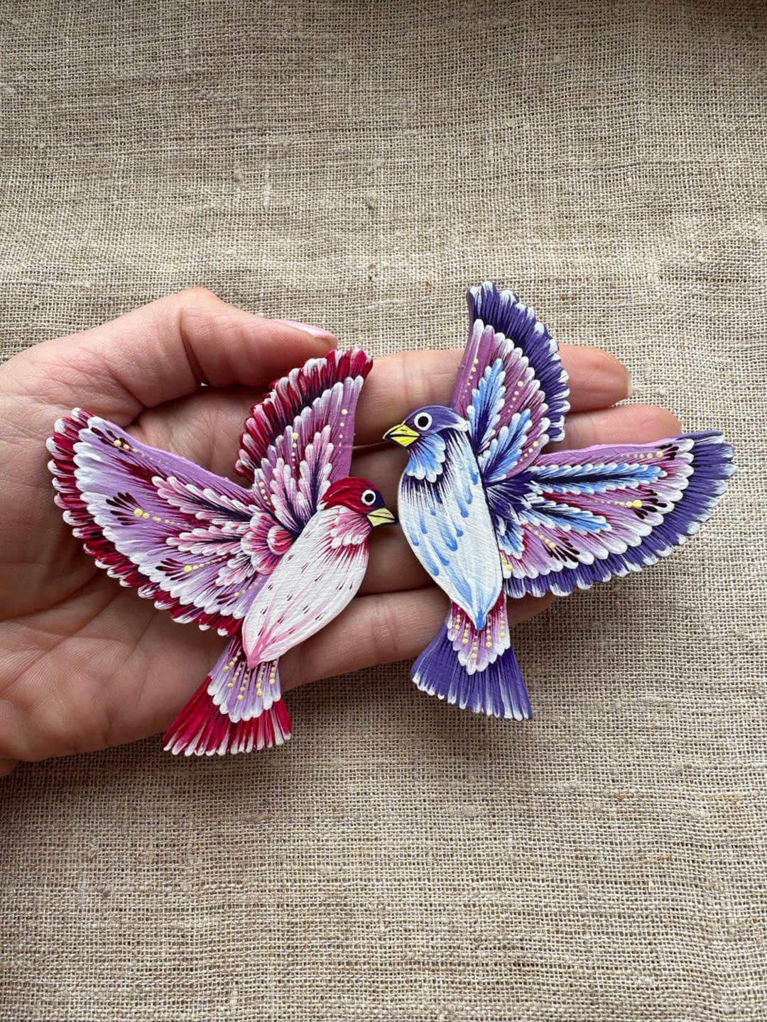 Ukrainian Couple of Birds, 2 Refrigerator Magnets, Wooden Handmade Pair ...