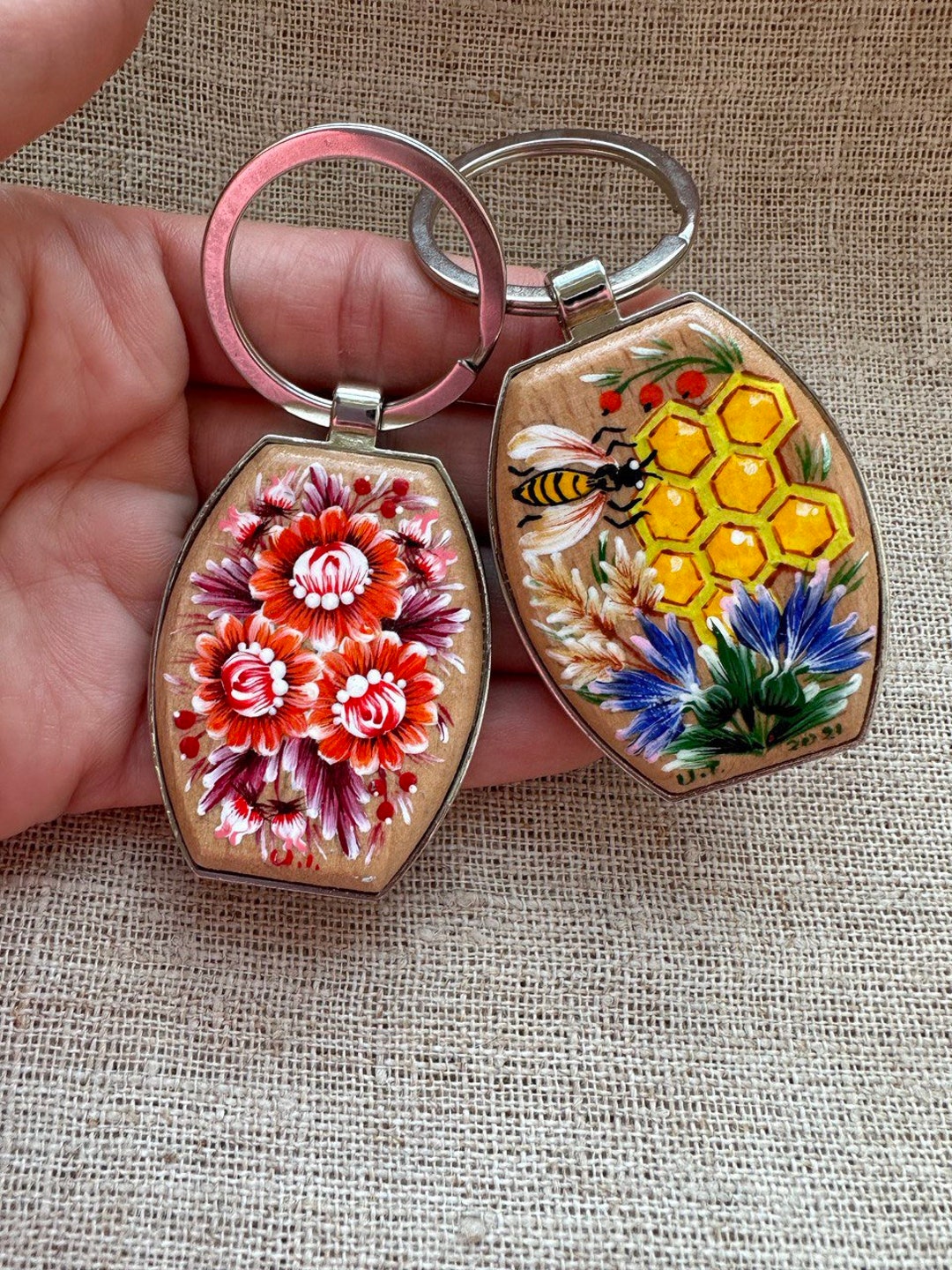 Ukrainian Pair Metal & Wooden Painted Collectible Keychains, Ukrainian ...