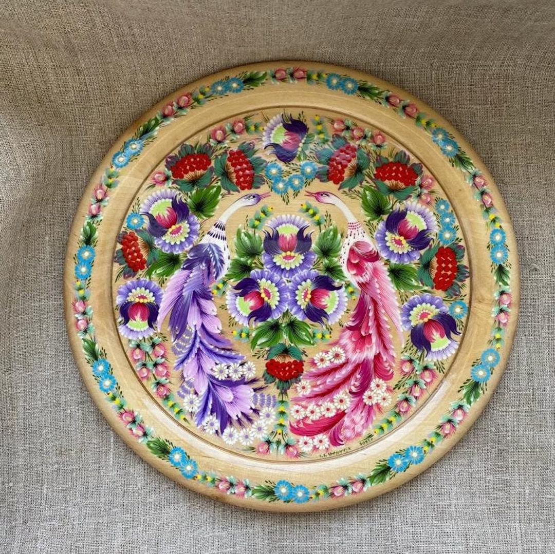 Ukrainian Wooden Painted Plate, Bird Couple Wedding Gift Ukrainian ...