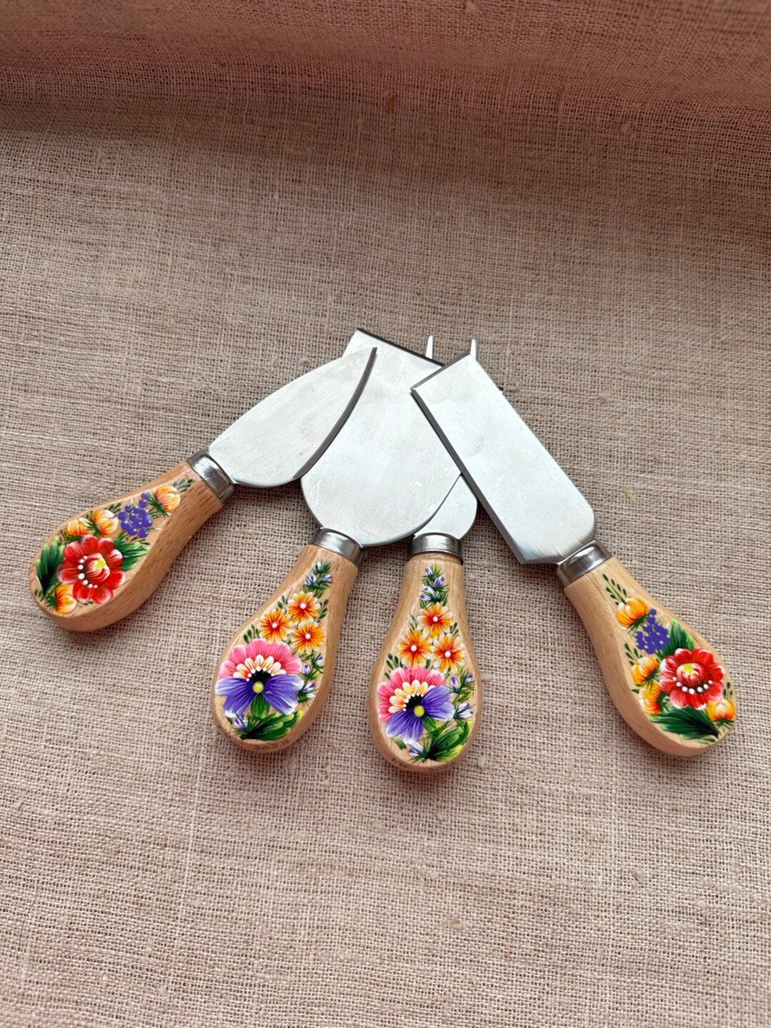 Ukrainian Painted Wooden Set of 4 Cheese Tools, Handpainted Knives ...