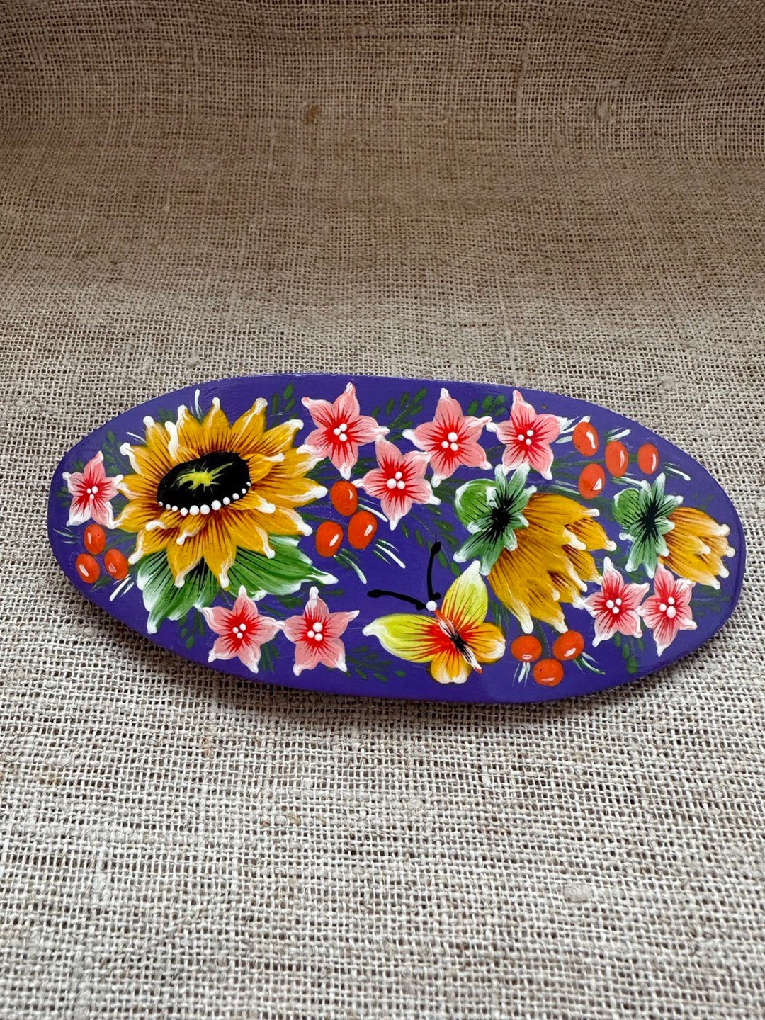 Ukrainian Sunflowers Handpainted Wooden Hair Pin, Blue Yellow, Flowers ...