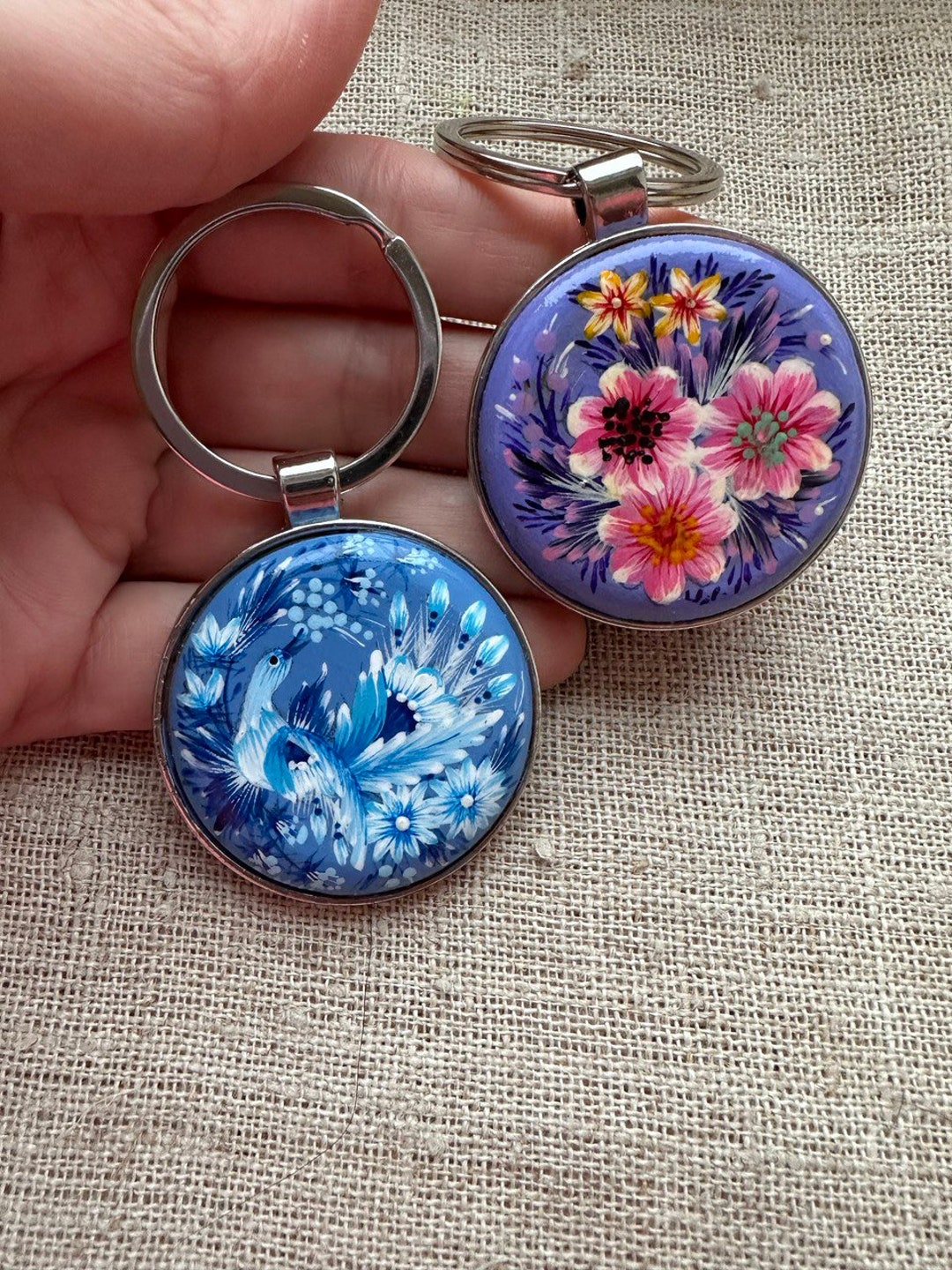 Ukrainian Pair Metal Painted & Wooden Round Handpainted Keychains ...
