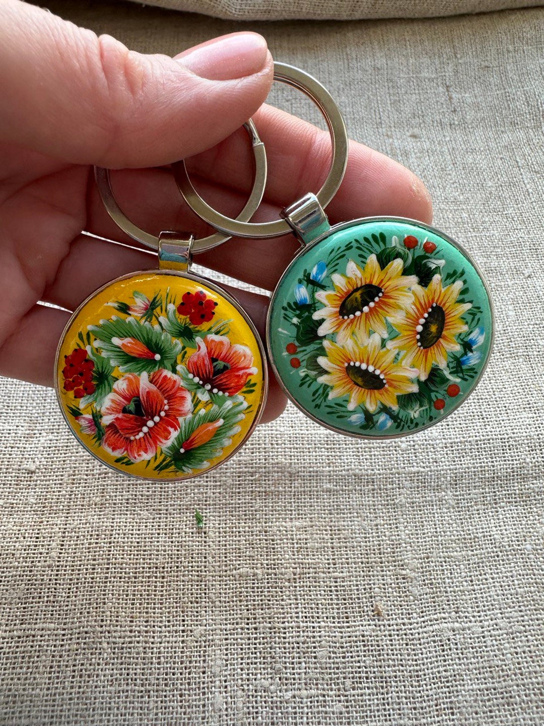 Ukrainian Pair Metal Painted & Wooden Round Handpainted Keychains ...
