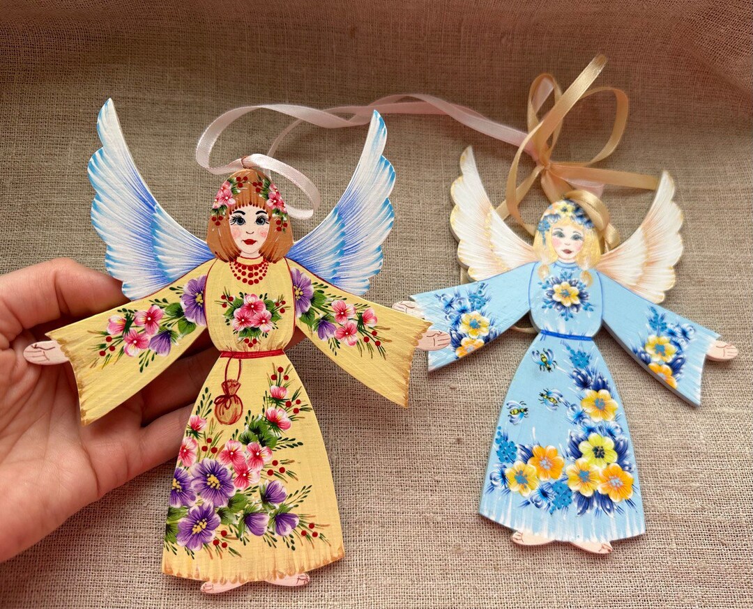 Handpainted Mint Yellow & Blue Angels, Wooden Handmade Pair of Angels ...