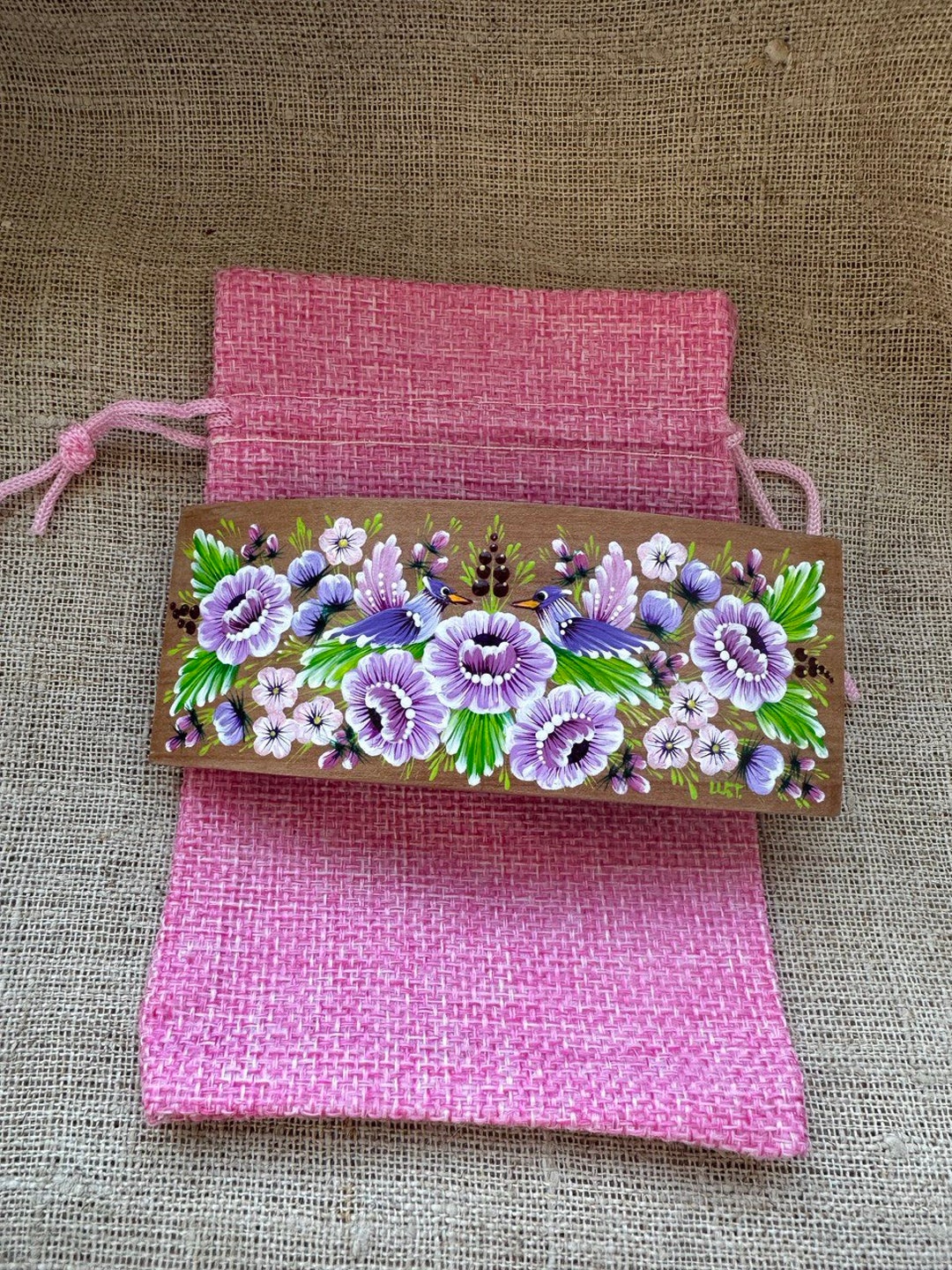 Ukrainian Hair Pin, Tender Lilac Flowers & Birds, Painted Wooden ...