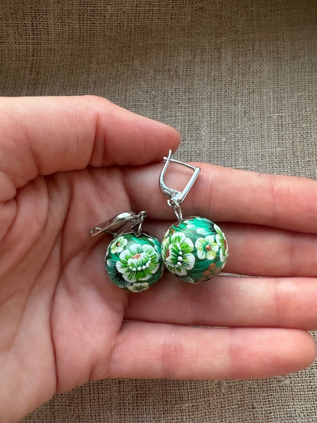 Ukrainian Wooden Painted Dangle Drop Earrings, Green Bead Round ...
