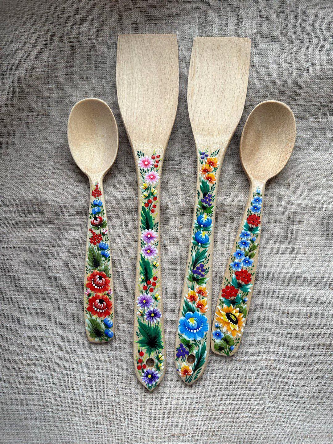Set of 4 Ukrainian Painted Wooden Spoons & Paddles, Petrykivka Floral ...