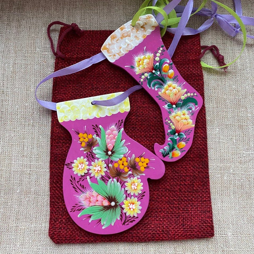 Ukrainian Painted Wooden Mitten & Sock, Pink Christmas Tree Hanging ...