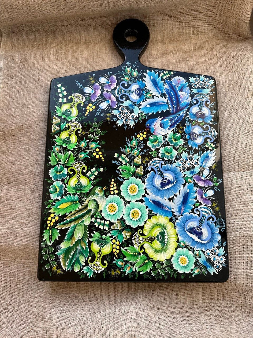 Ukrainian Authentic Cutting Board, Painted Breadboard, Green & Blue on ...