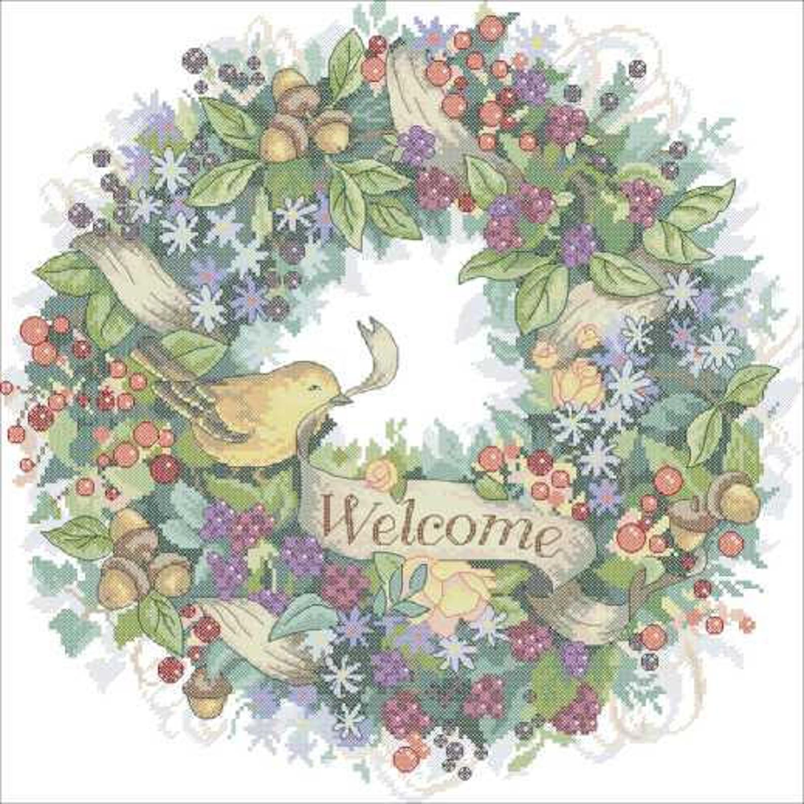 Welcome Wreath With Bird Berry Wreath Cross Stitch Pattern - Etsy