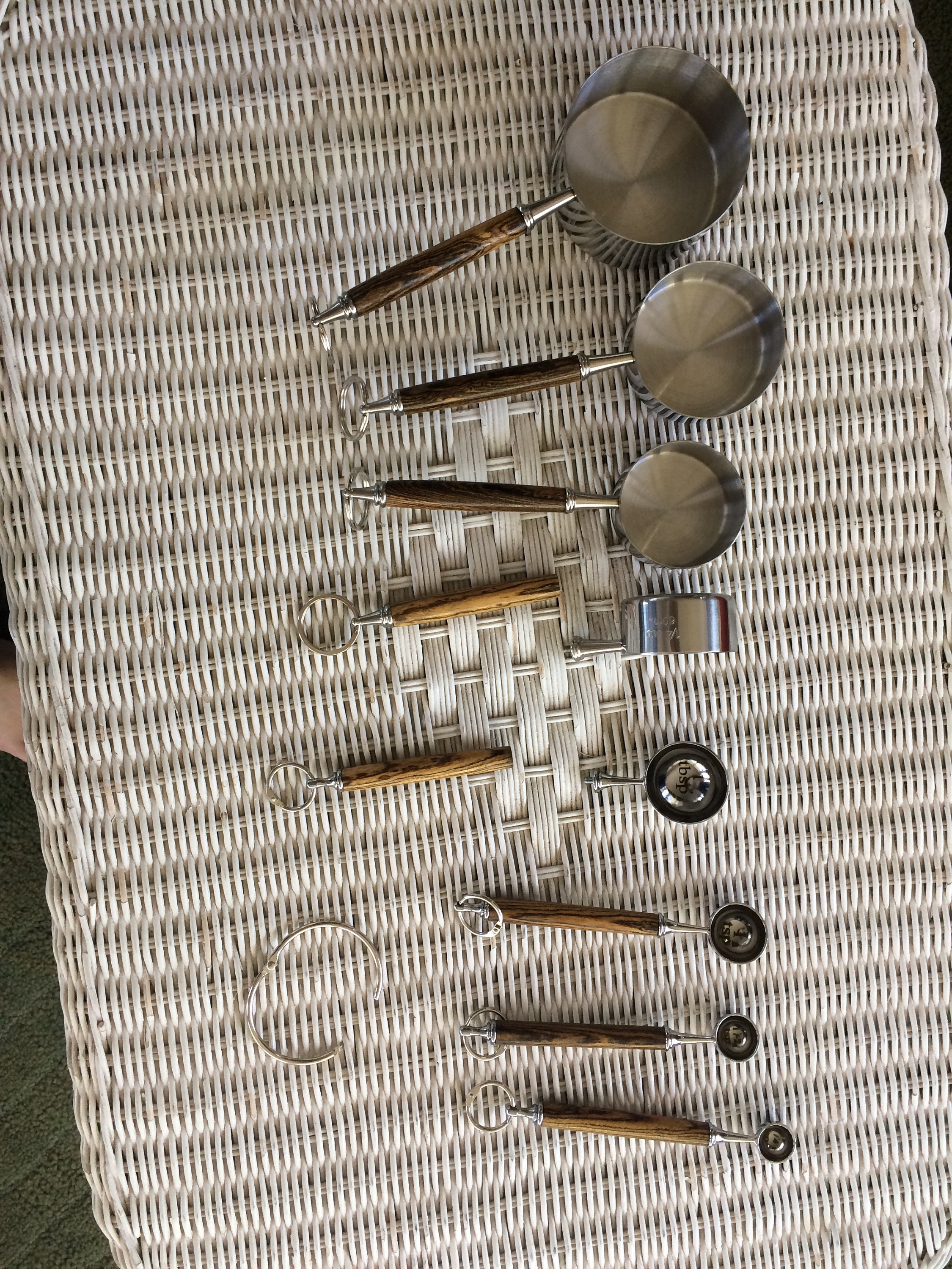 Measuring cup set and measuring spoon set with Bocote handles