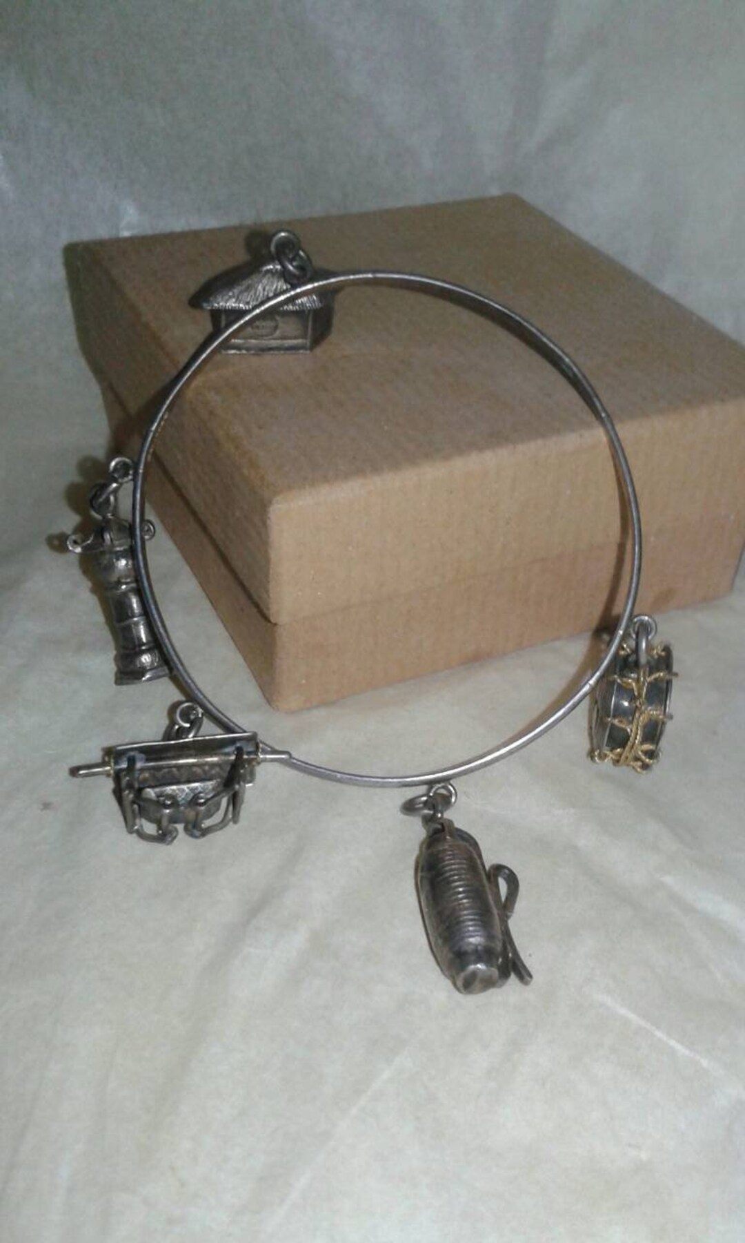 Antique Japanese Solid Sterling Silver Charm Bangle With 5 Handmade ...