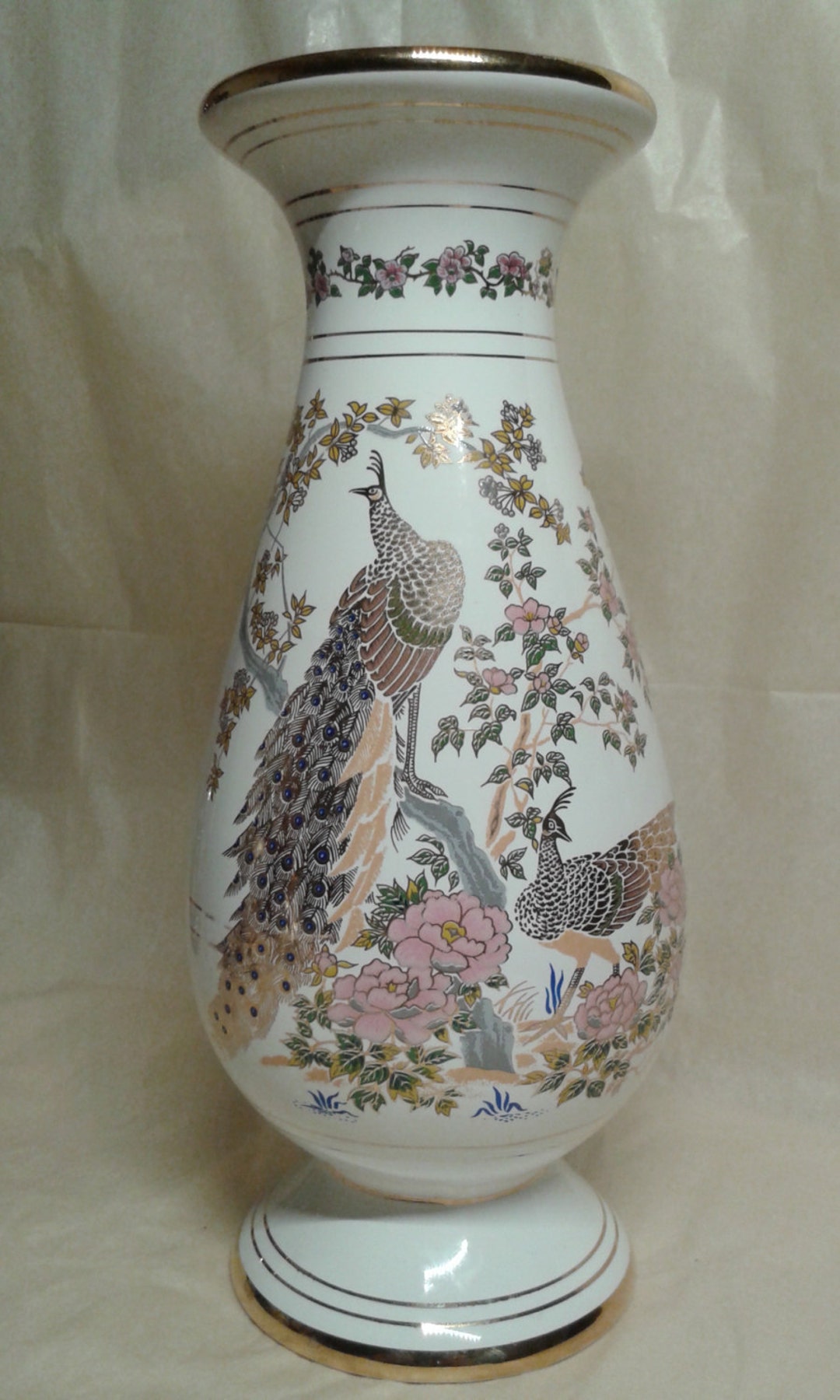 A Fine Ceramic Vase , Hand Made in Greece , Peacock and Floral Themed ...