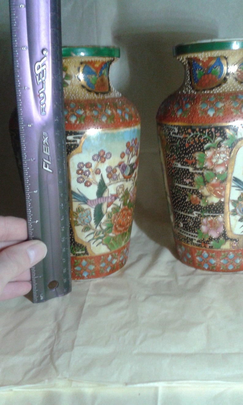 A Pair of Japanese Ceramic Hand Painted and Decorated Vases , Intricate ...