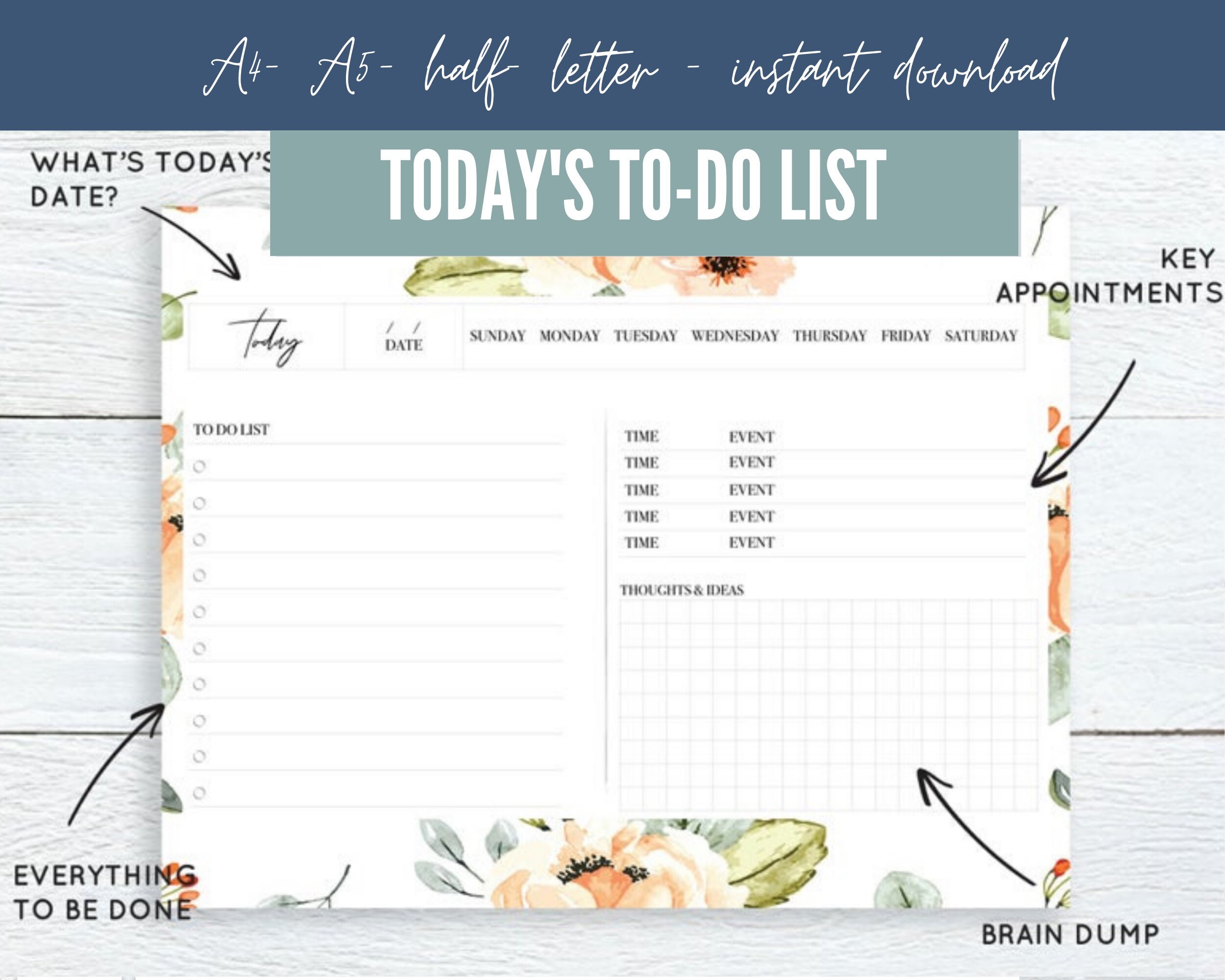 Daily to Do List, Today's To-do List, Daily to Do List, Printable PDF ...