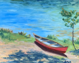 Red Canoe Painting | Etsy