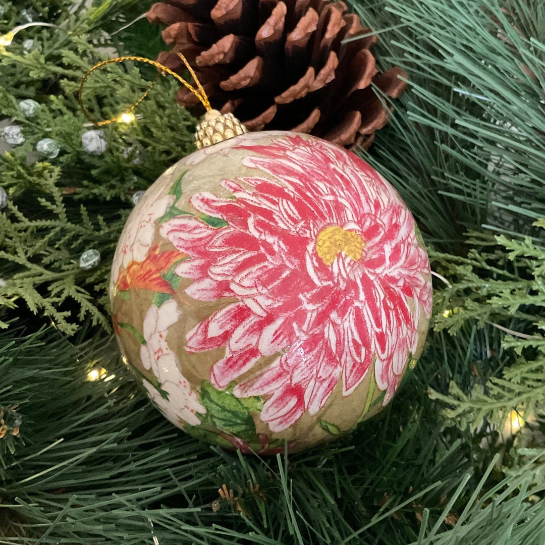 Artisan Crafted Decoupage Tree Ornament, Elegant Floral Design ...