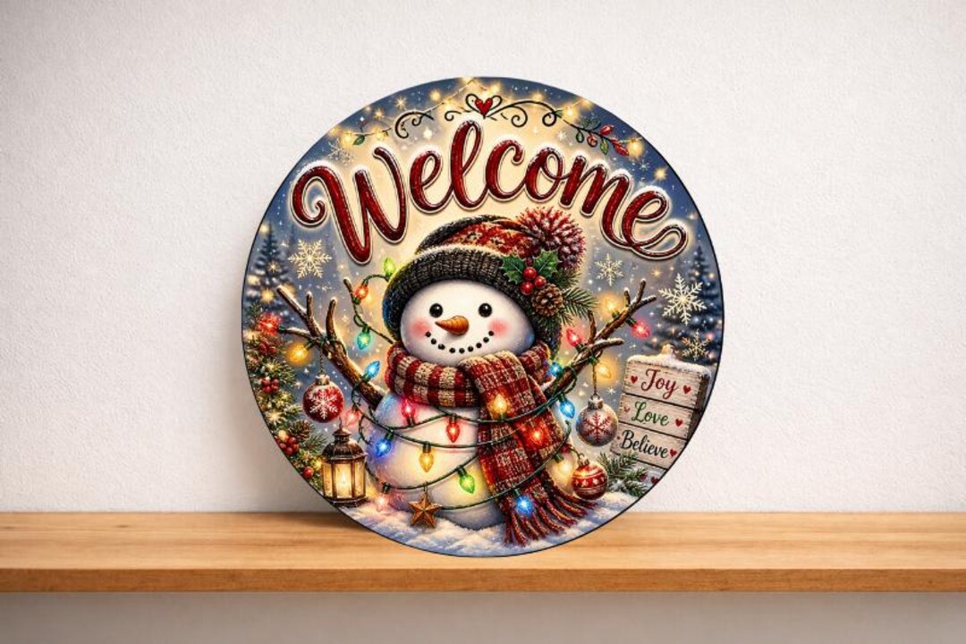 Snowman Welcome Sign, Christmas Lights Wreath Round Design, Festive ...