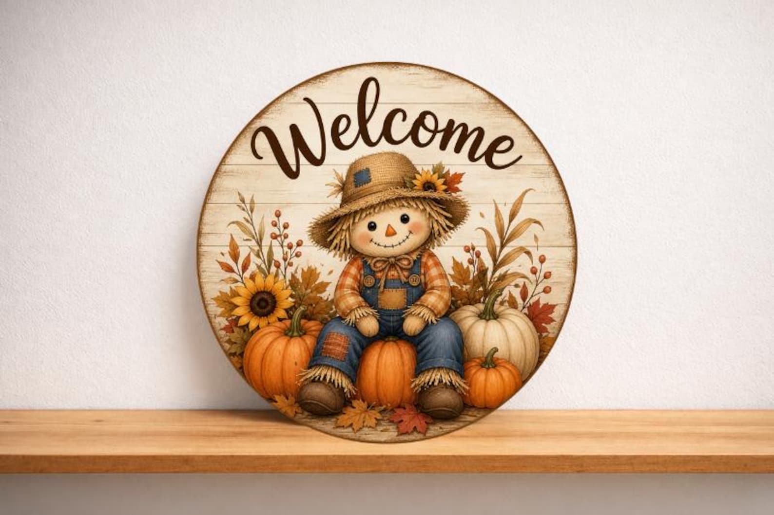 Scarecrow Welcome Sign , Fall Pumpkin Wreath Round Design, Rustic ...