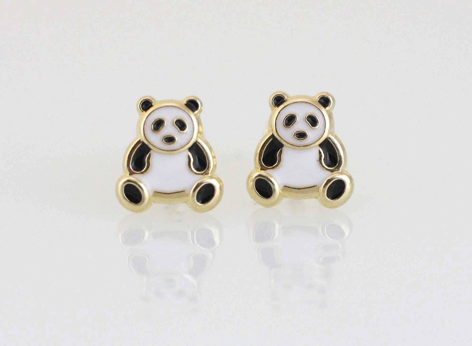 14k Panda Stud Earrings,14k Gold Panda Bear Enamel Stud Earrings, 14K ...
