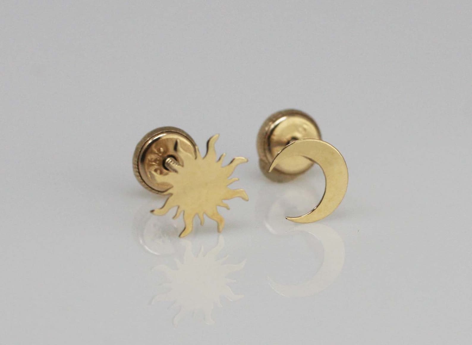 14k Gold Sun Stud Earrings, Moon Stud Earrings, 14k Celestial Stud ...