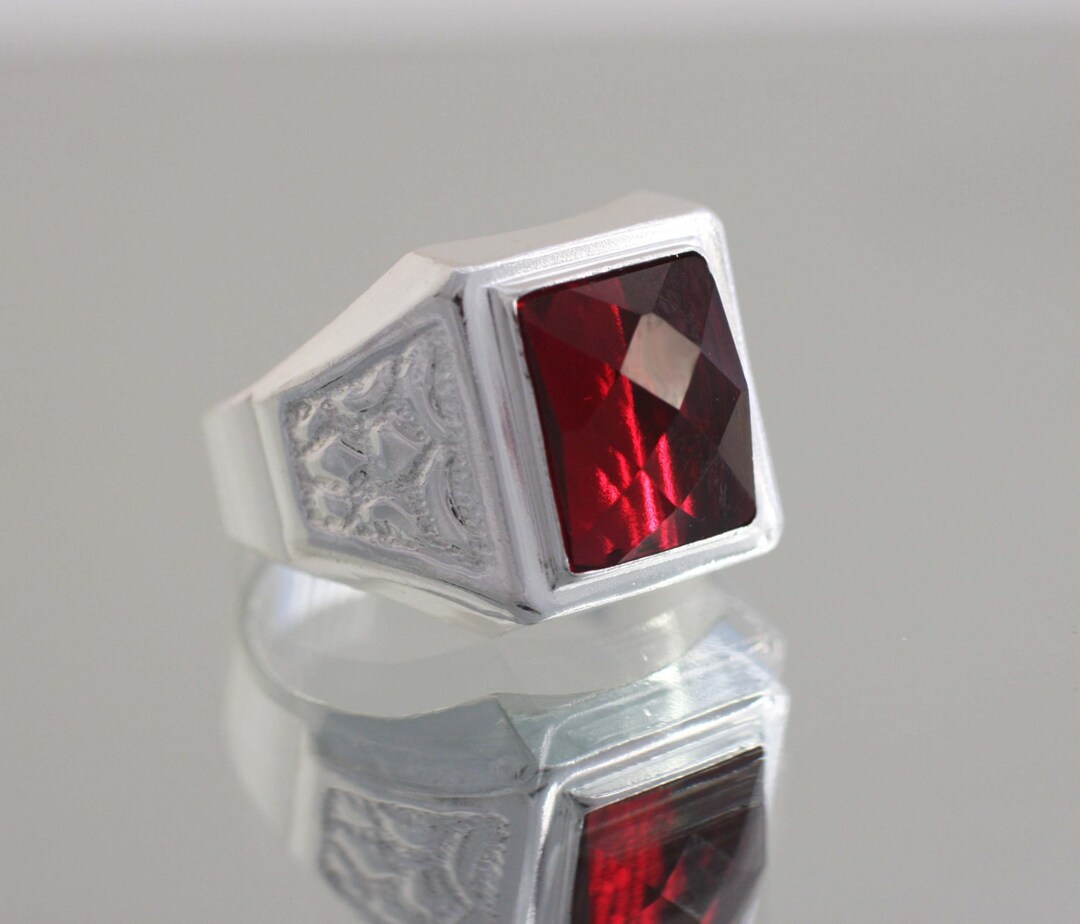Sterling Silver Red Stone Mens Ring, Square Red Cz Men Ring, Sterling ...