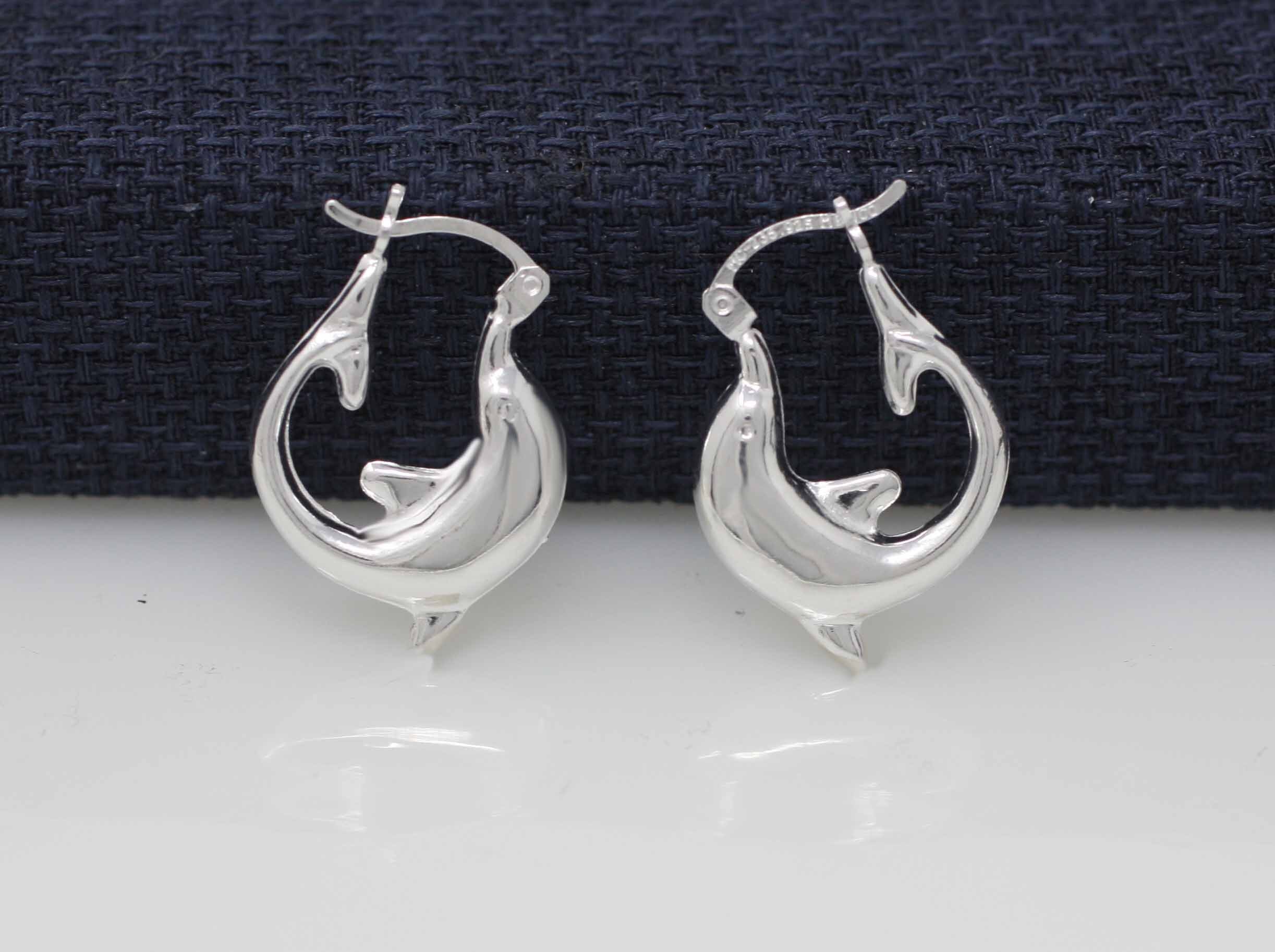 Sterling Silver Dolphin Hoop Earrings, Silver Dolphin Puff Hoop ...