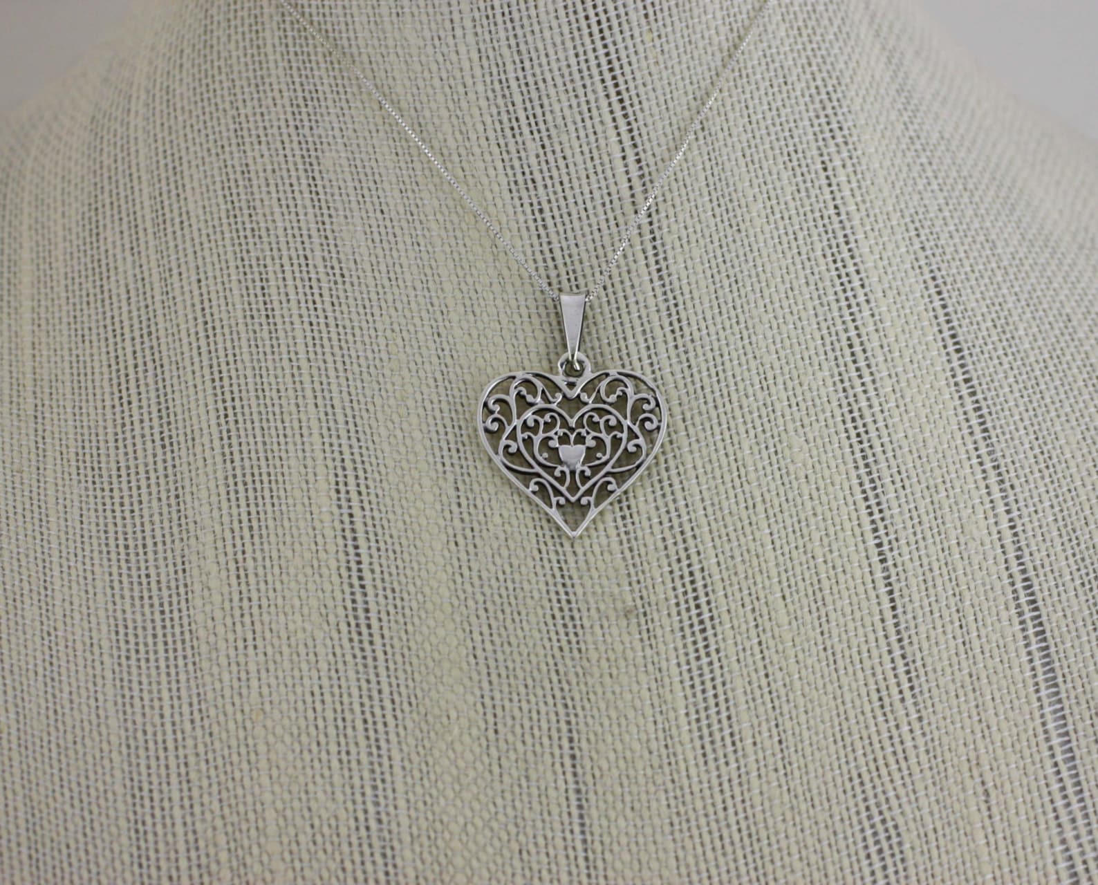Silver Filigree Heart Necklace, Double Heart Filigree Necklace ...