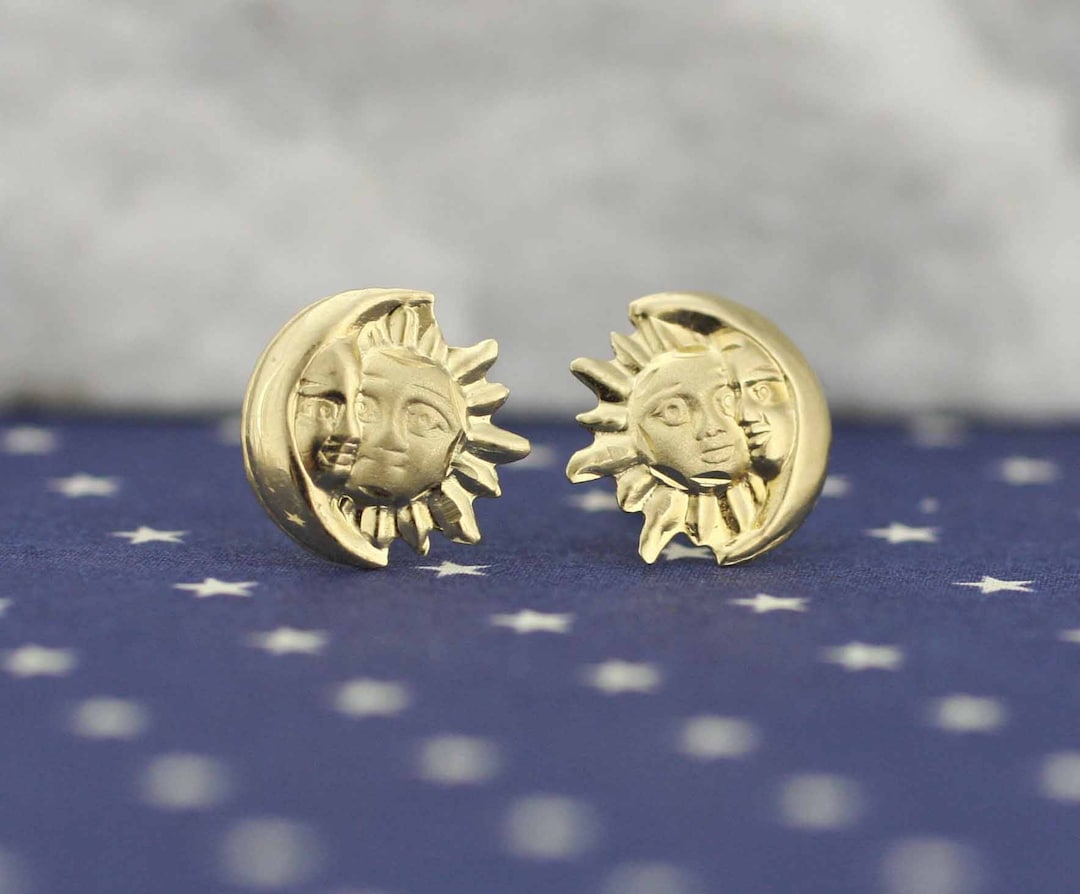 14k Gold Eclipse Stud Earrings, 14k Celestial Stud Earrings, Gold Sun Stud Earrings, 14k Boho ...