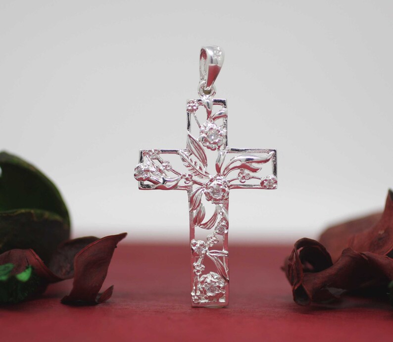 Cross Necklace, Sterling Silver Flower Cross Necklace, Silver Cross ...