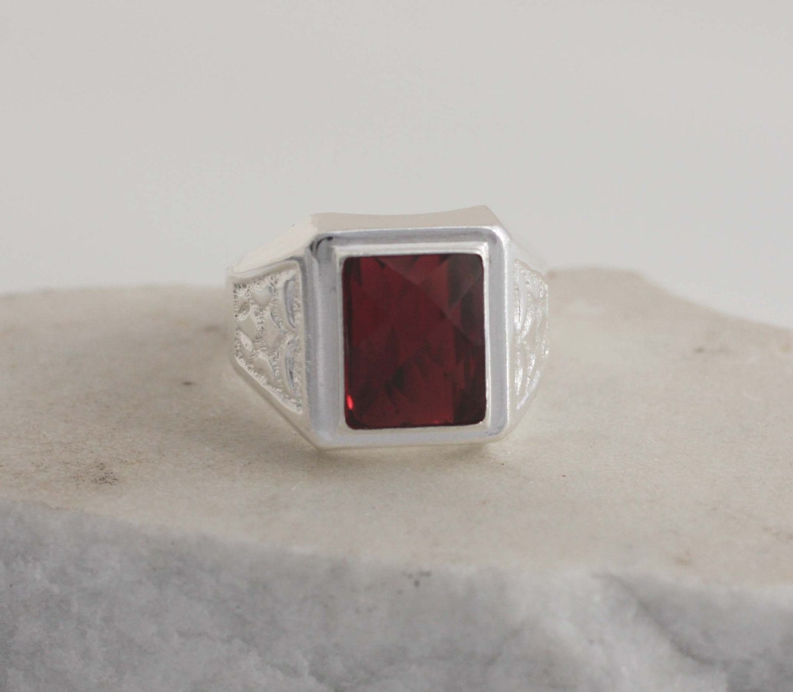 Sterling Silver Red Stone Mens Ring Square Red Cz Men Ring | Etsy