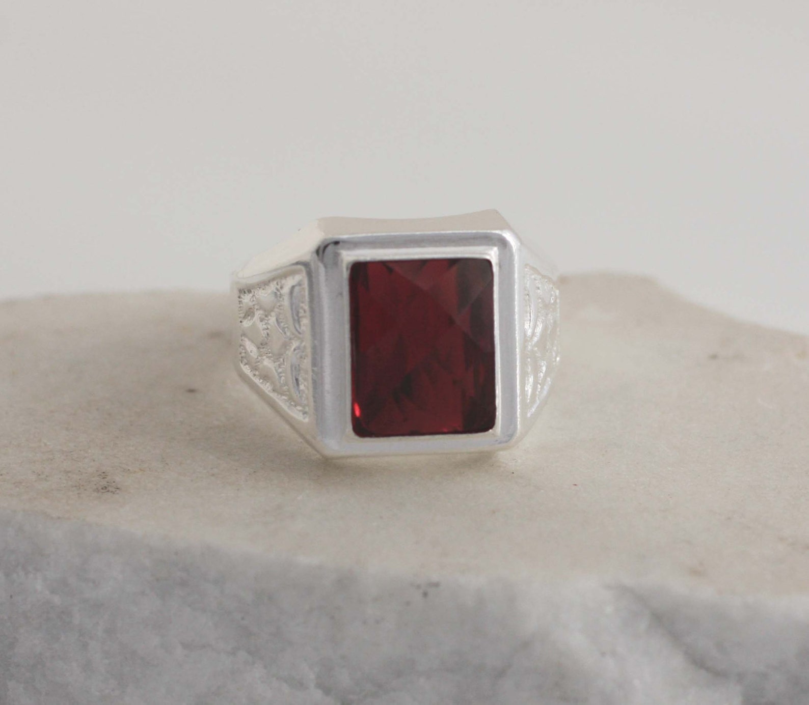 Sterling Silver Red Stone Mens Ring Square Red Cz Men Ring | Etsy