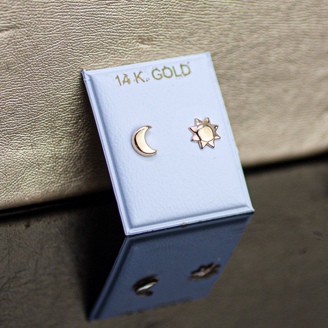 14k Gold Eclipse Stud Earrings, Moon Stud Earrings, 14k Celestial Stud ...