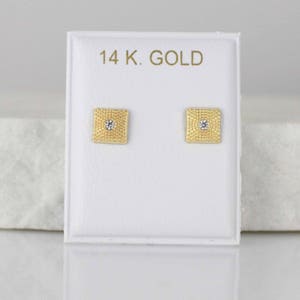 14k Gold Square Stud Earrings, 14k Square Stud Earrings With Cz, 14K ...