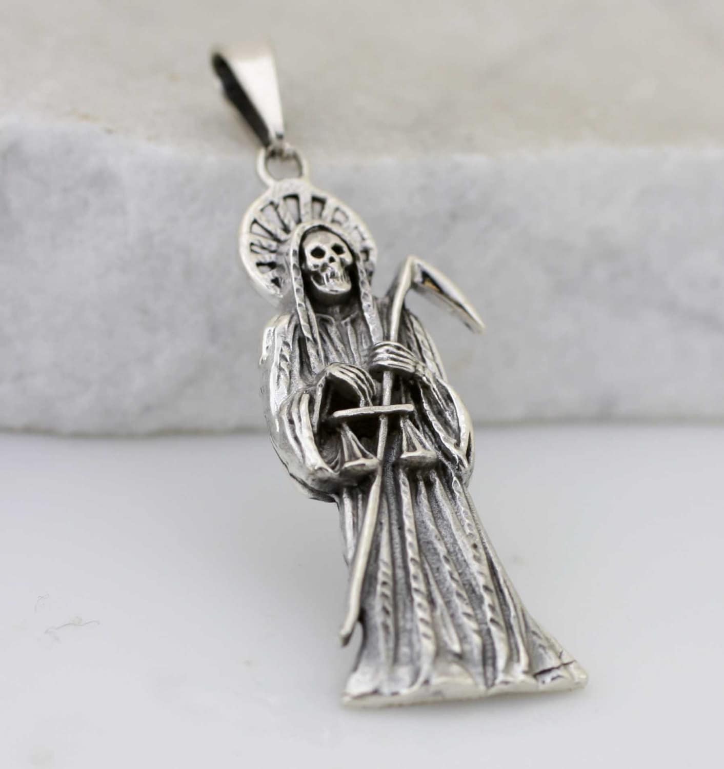 Sterling Silver Grim Reaper Necklace. Silver Solid Santa Muerte ...