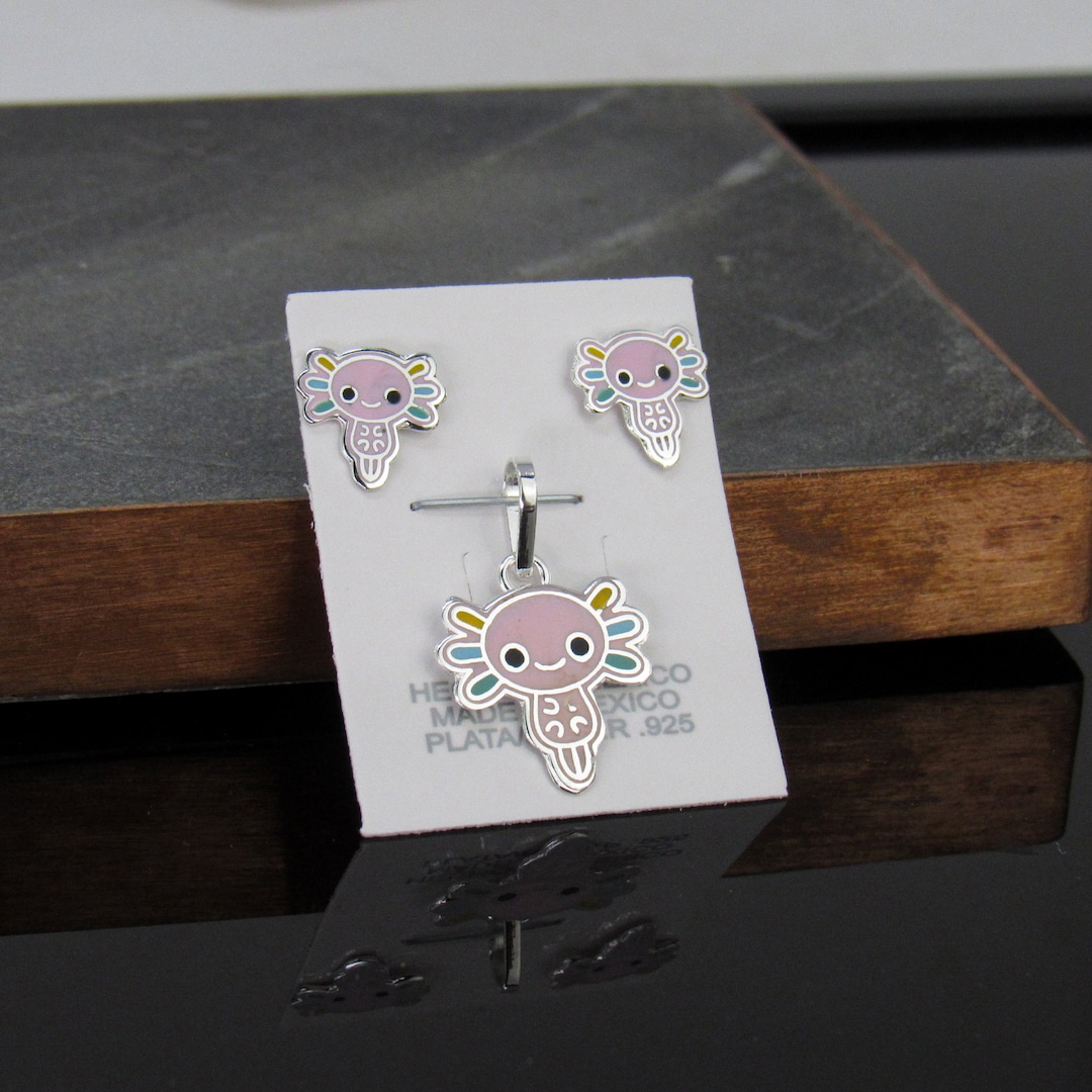 Sterling Silver Enamel Axolotl Set, Silver Fun Axolotl Studs, Silver ...