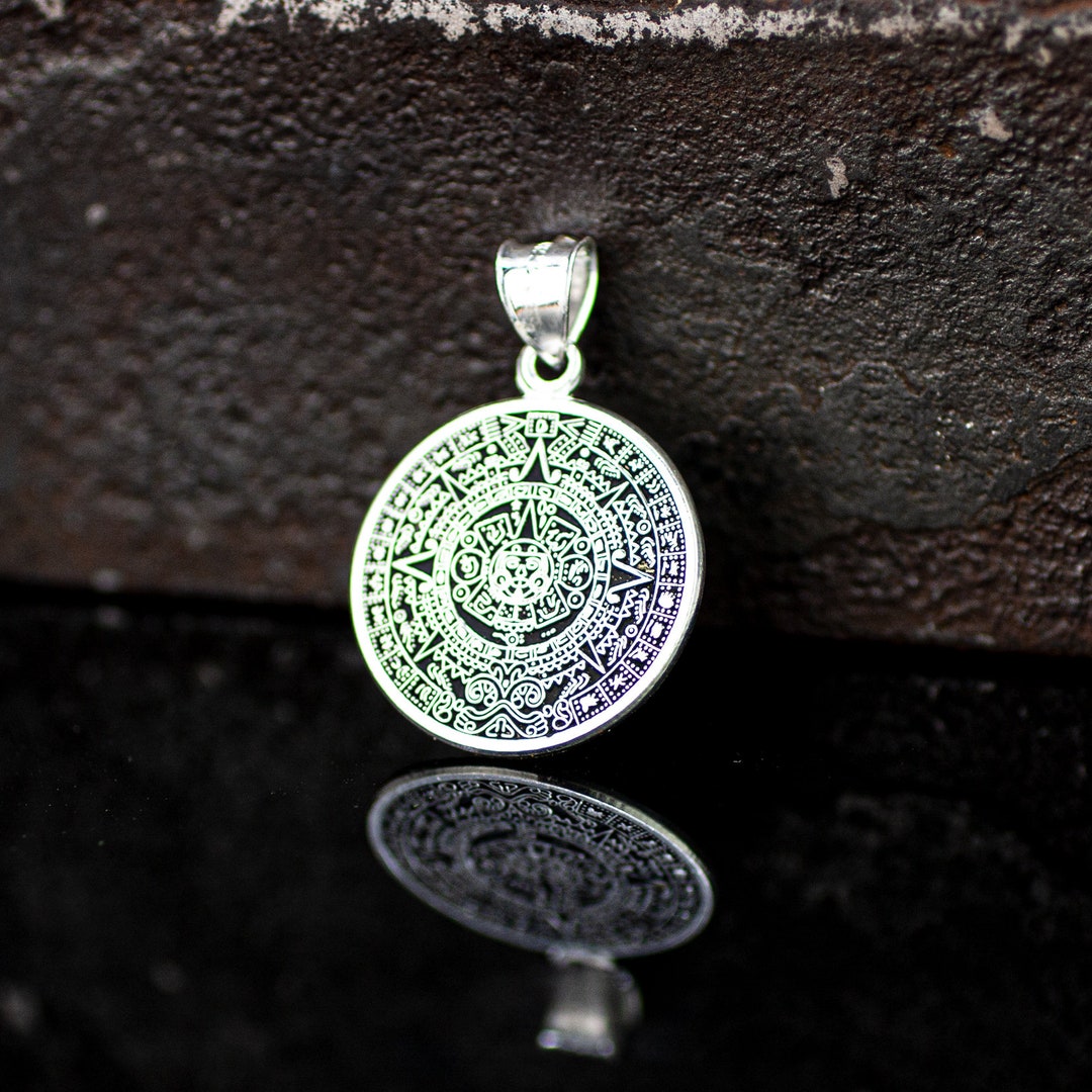 Sterling Silver Aztec Calendar Necklace, Small Sterling Silver Aztec ...