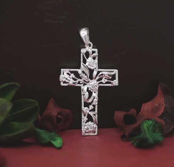 Cross Necklace Sterling Silver Flower Cross Necklace Silver | Etsy