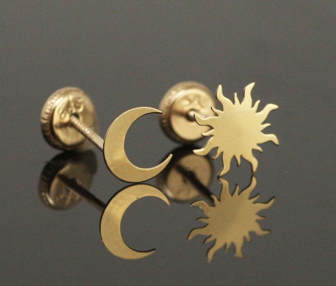 14k Gold Sun Stud Earrings, Moon Stud Earrings, 14k Celestial Stud Earrings, Sun and Moon Stud ...
