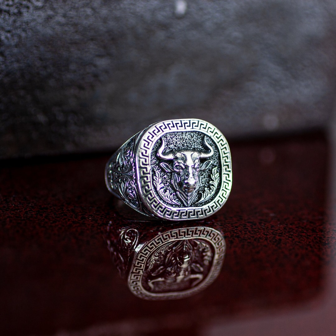 Sterling Silver Square Bull Ring, Men's Bull Oxidized Silver Ring ...
