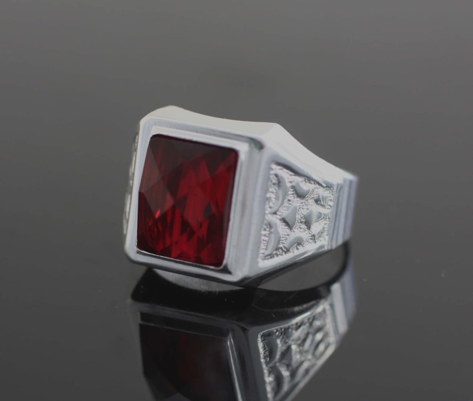 Sterling Silver Red Stone Mens Ring Square Red Cz Men Ring | Etsy