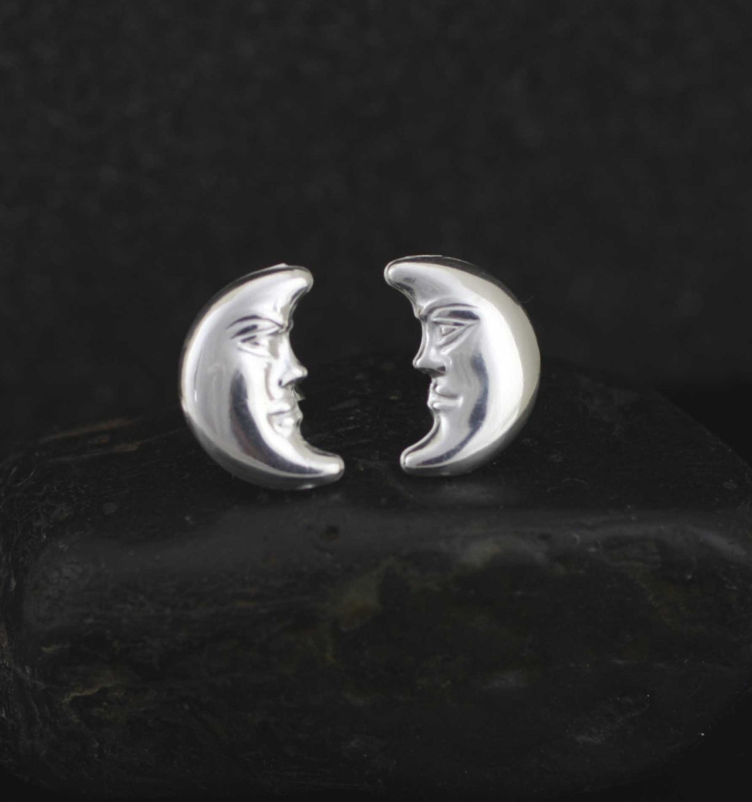 Silver Moon Stud, Sterling Silver Moon Stud Earrings, Silver Moon Face ...