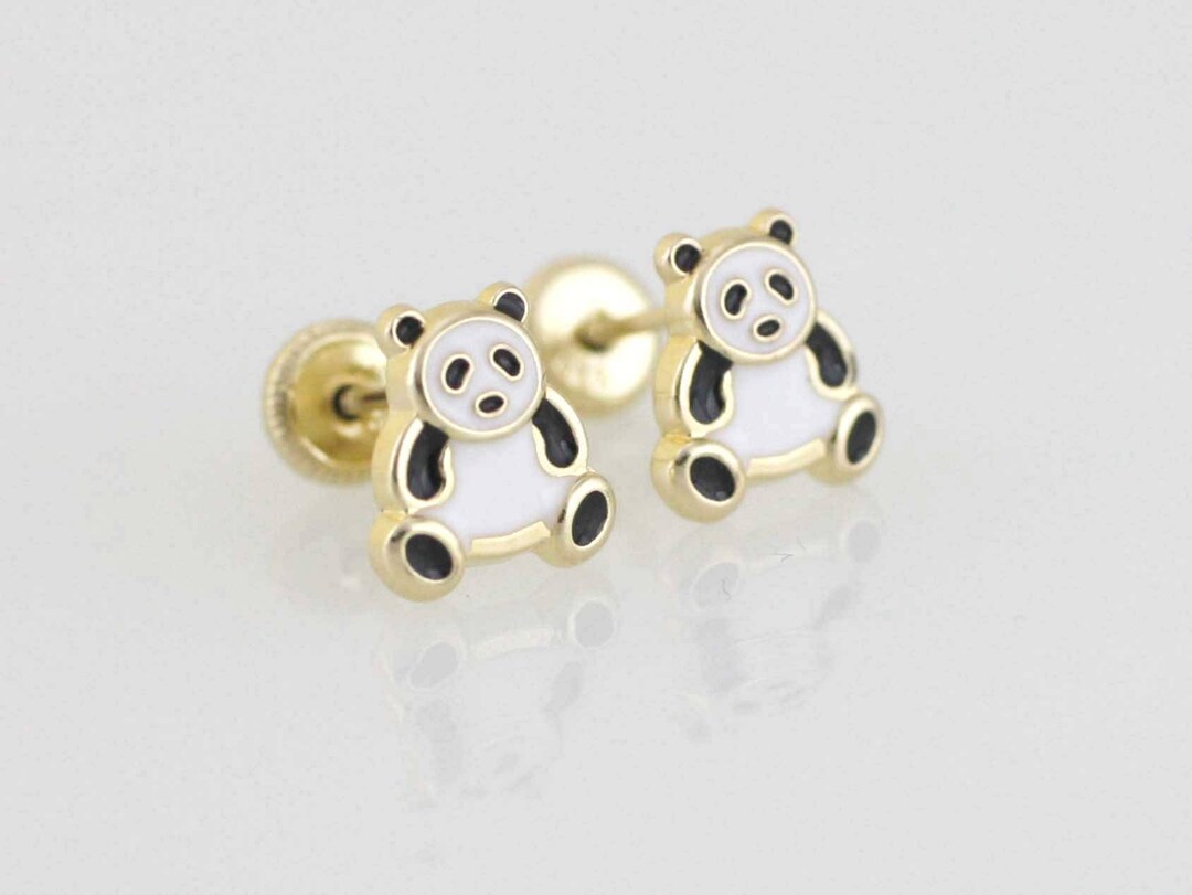 14k Panda Stud Earrings,14k Gold Panda Bear Enamel Stud Earrings, 14K ...