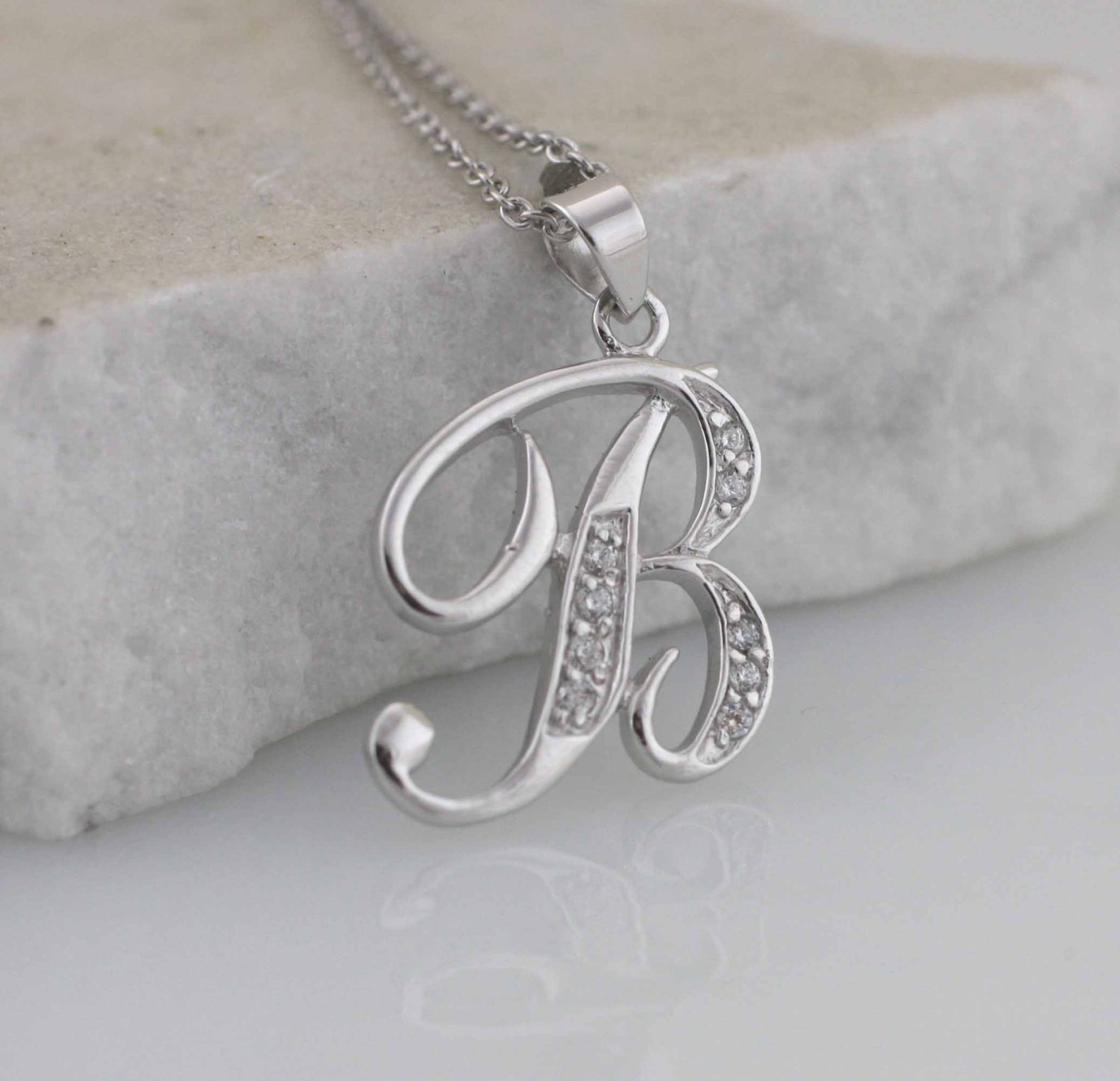 Sterling Silver Initial Necklace, Silver Initial B Necklace With CZ ...